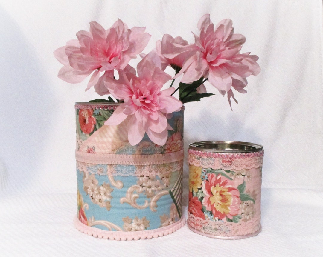 Shabby Chic Tin Can Set: Upcycled Floral Organizer With Lids, Set of 2 ...