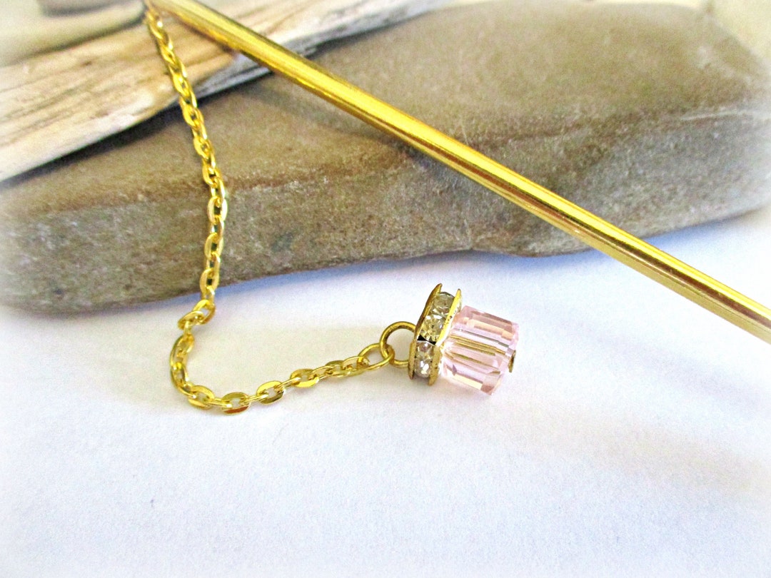 Gold Hair Stick: Pink Glass Dangle Charm, Rhinestone Detail (5 In.) - Etsy