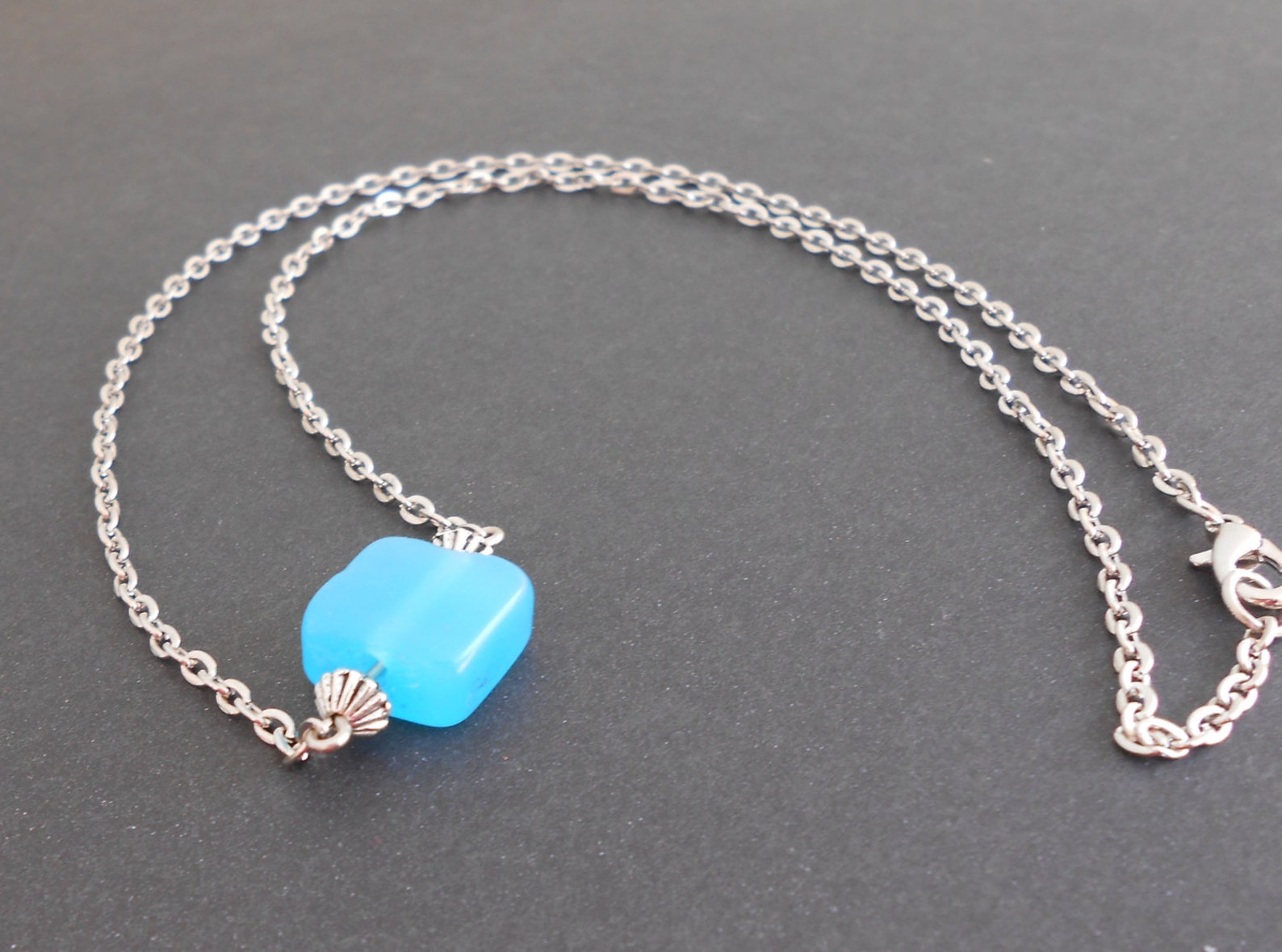 Dainty Cyan Blue Glass Necklace Simple Delicate Jewelry | Etsy