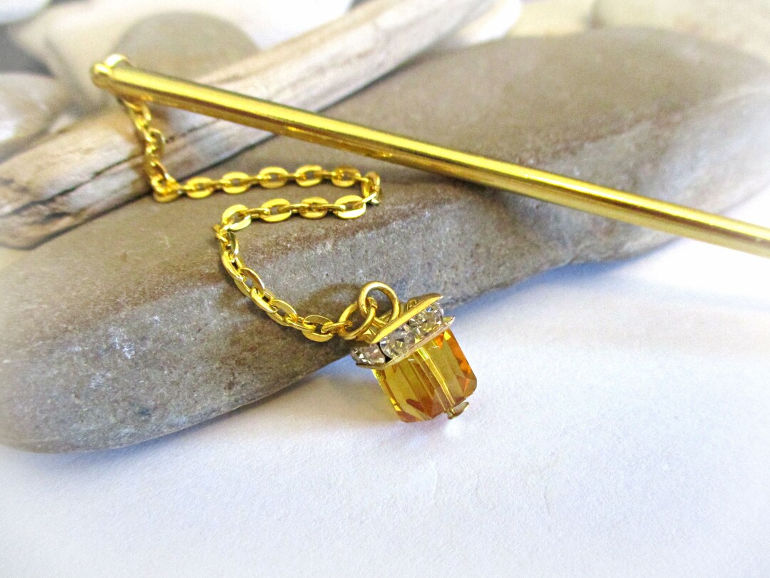 Gold Hair Stick: Honey Glass Dangle Charm, Rhinestone Detail - Etsy
