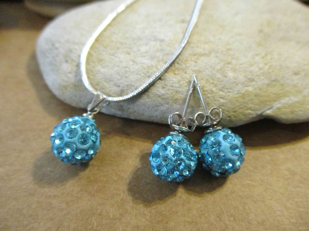 Turquoise Rhinestone Shamballa Jewelry Set: Sterling Silver Necklace ...