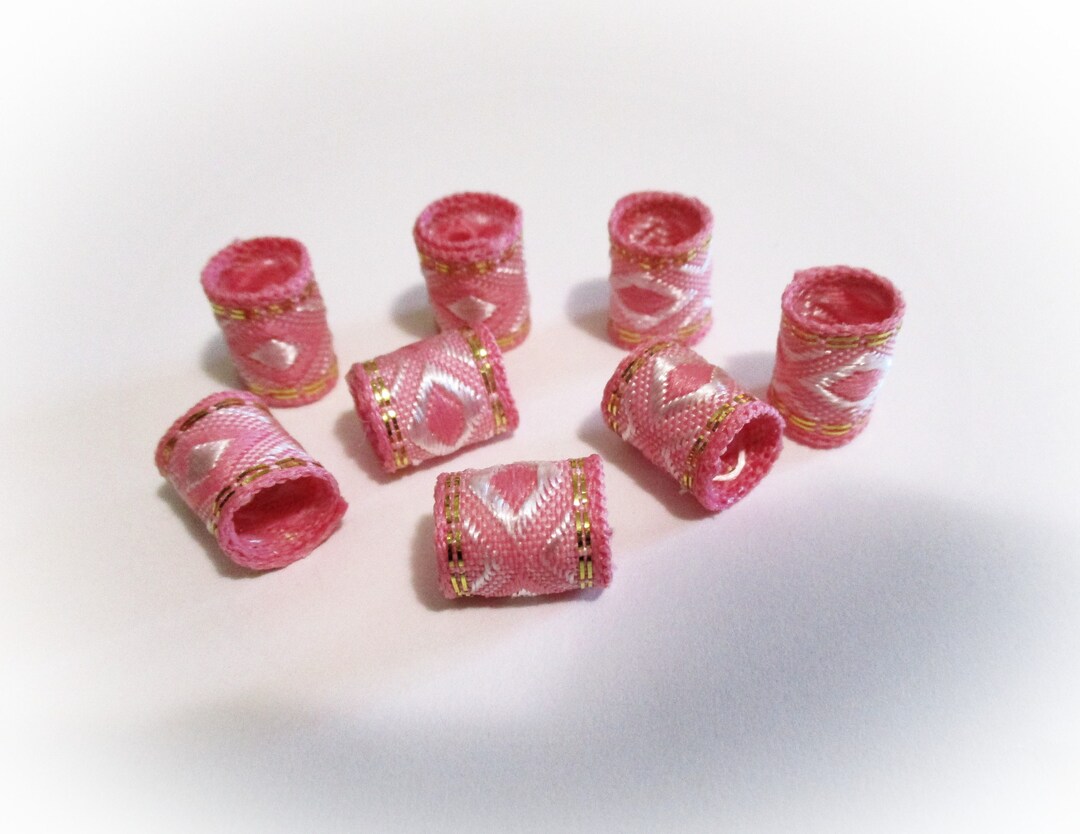 4 Pink and Gold Fabric Beads With Diamonds Dreadlock Beads Dread Rings ...