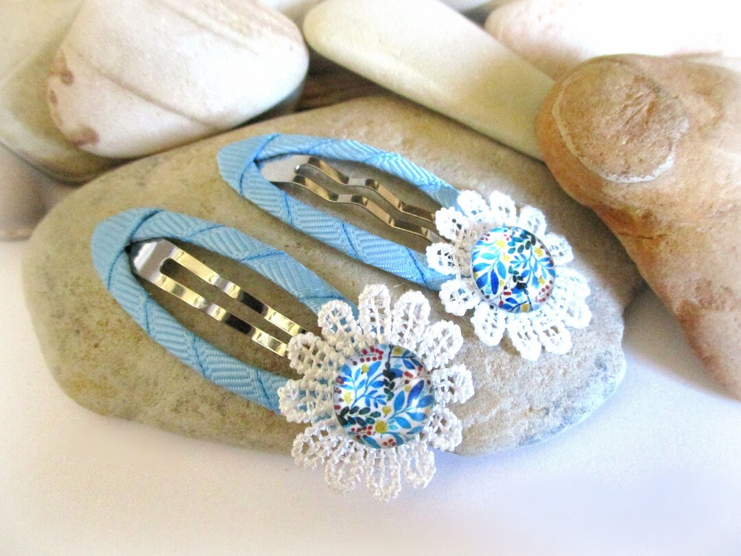 Blue Floral Hair Clips: Lace Flower Applique Ribbon Snap Clips - Etsy