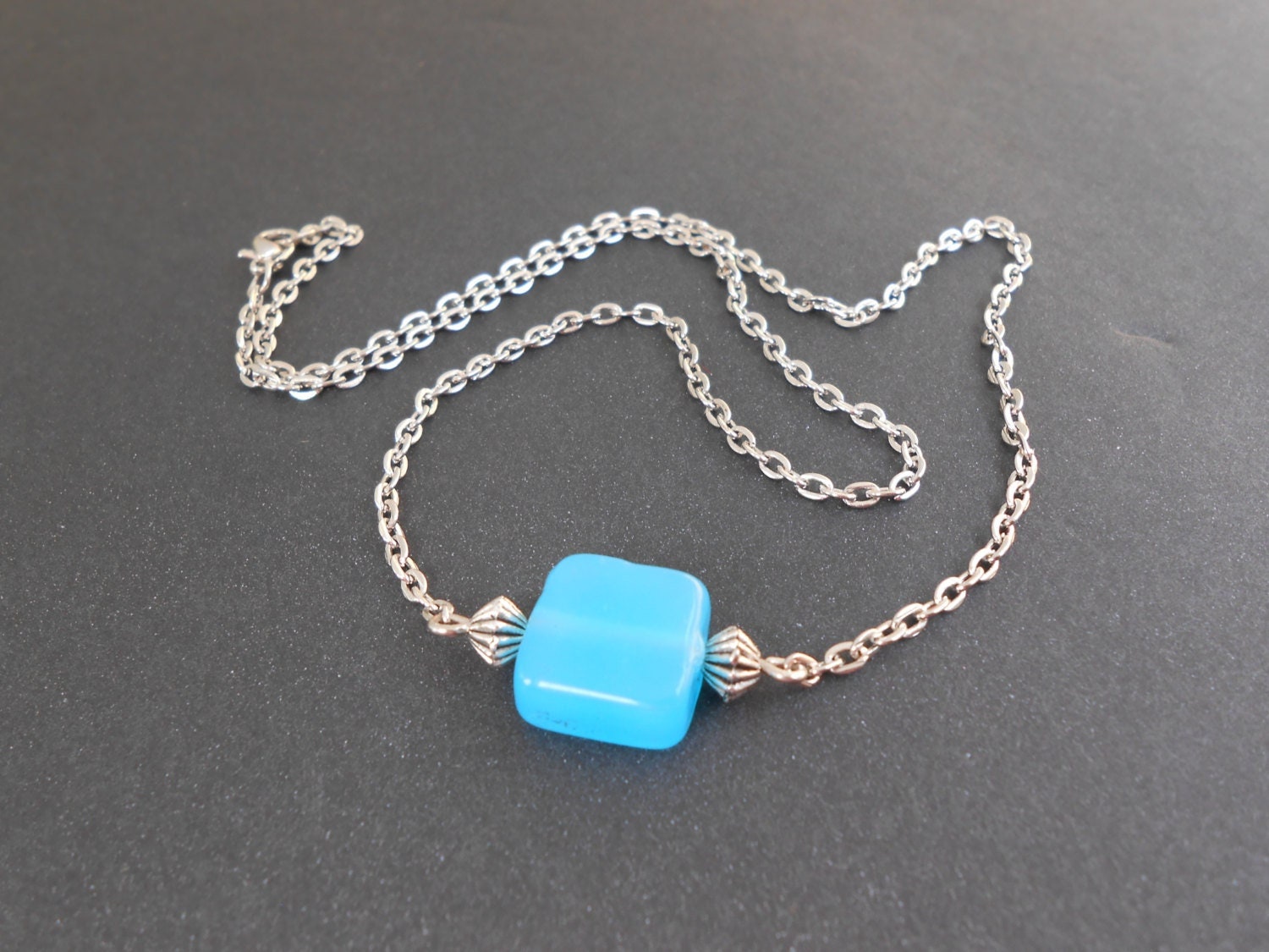 Dainty Cyan Blue Glass Necklace Simple Delicate Jewelry | Etsy