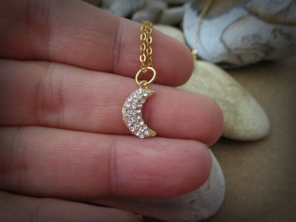 Gold Moon Necklace With Rhinestones: Dainty Crescent Moon, 18-inch ...