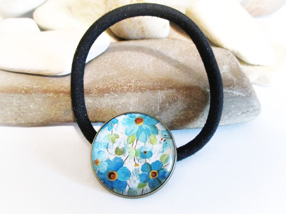 Blue Forget-me-nots Hair Tie: Floral Cabochon Ponytail Holder - Etsy