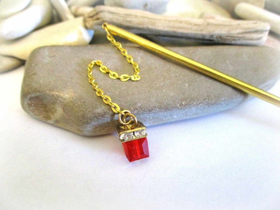 Gold Hair Stick: Red Glass Dangle Charm, Scarf Pin (5 Inch) - Etsy