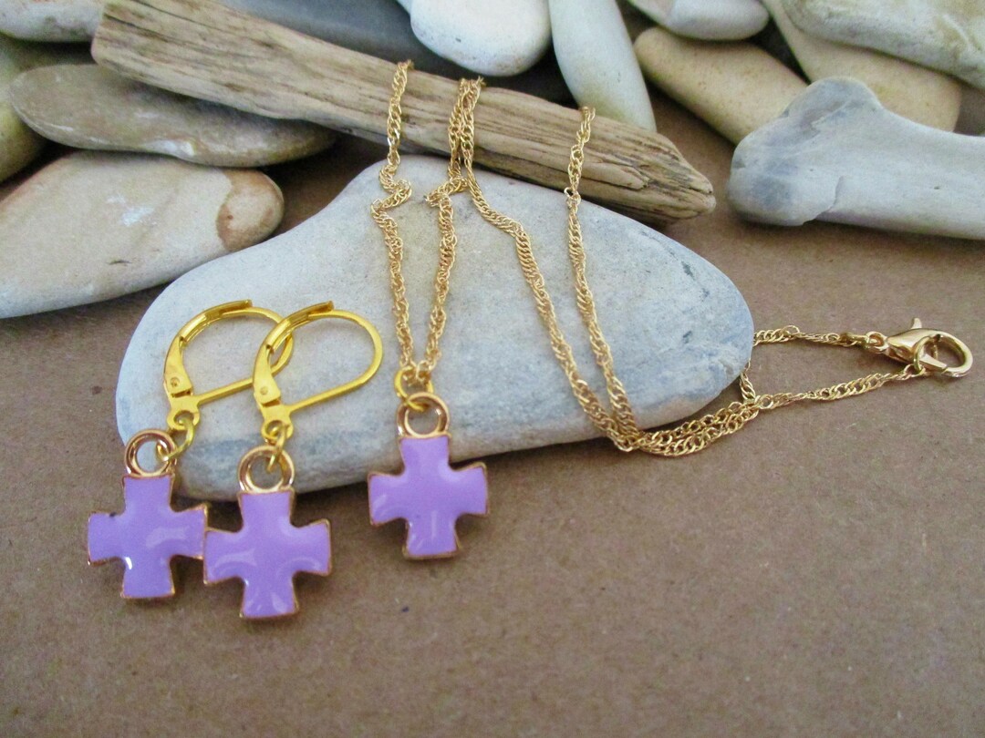 Purple Enamel Cross Jewelry Set: Gold Plated Necklace and Earrings - Etsy