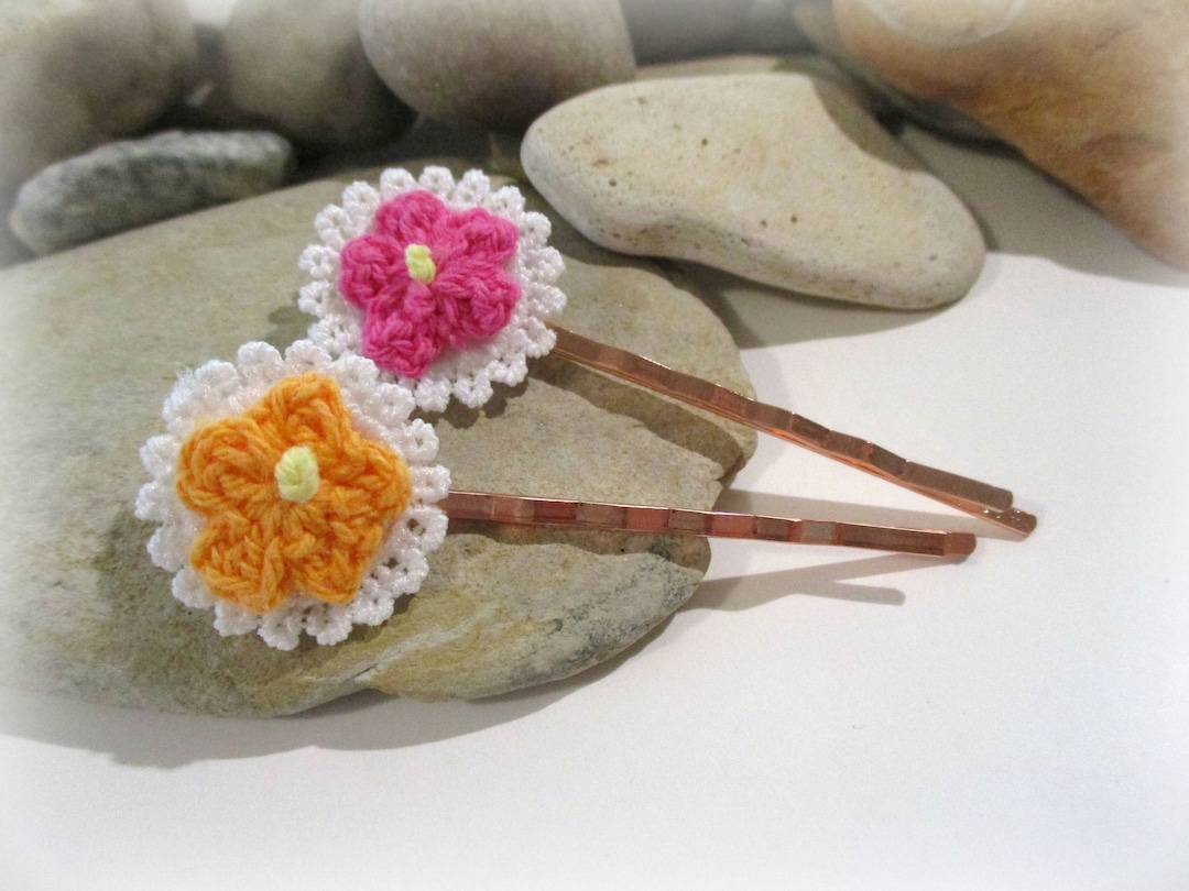 Crochet Flower Bobby Pins Set of 4 (2 Pairs): Rose Gold Hair ...