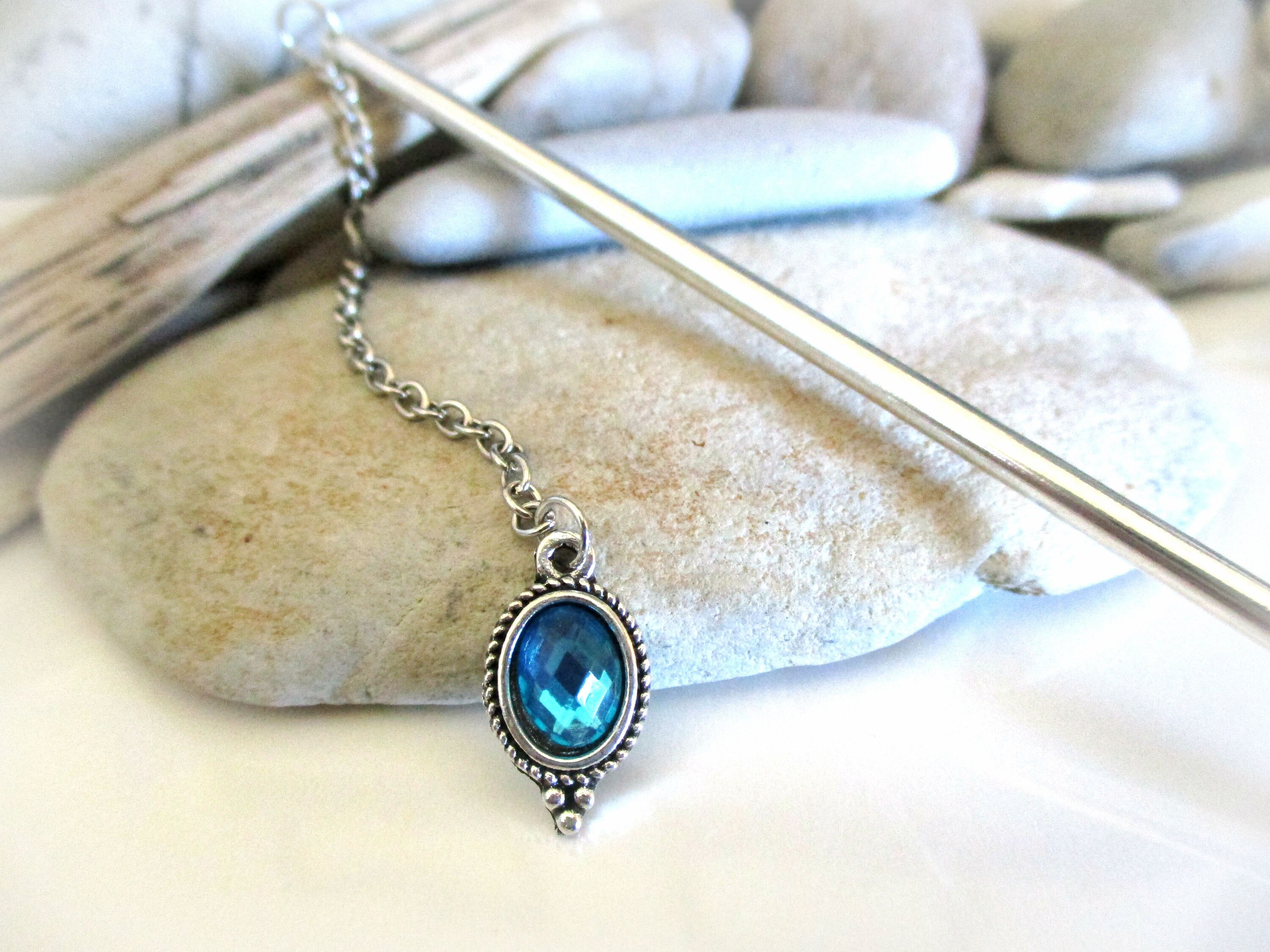 Silver Hair Stick Sparkly Blue Glass Charm Hair Pin Hair | Etsy