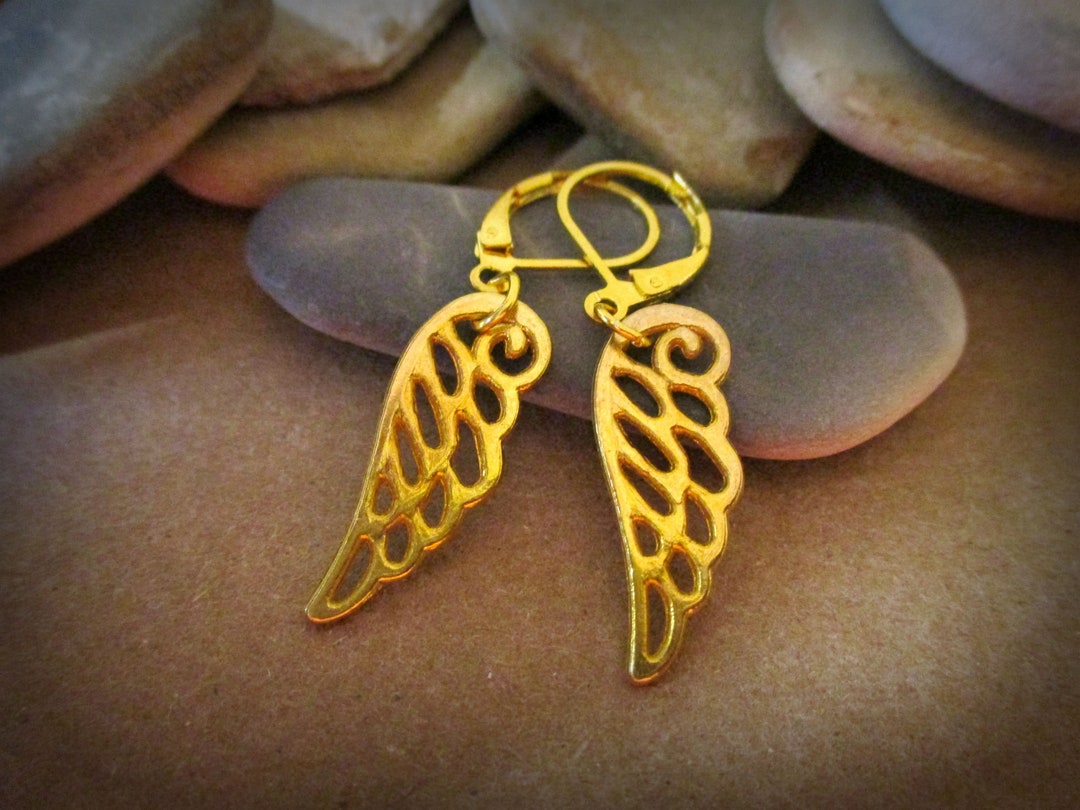 Gold Angel Wing Lever Back Earrings: Raw Brass Charms - Etsy