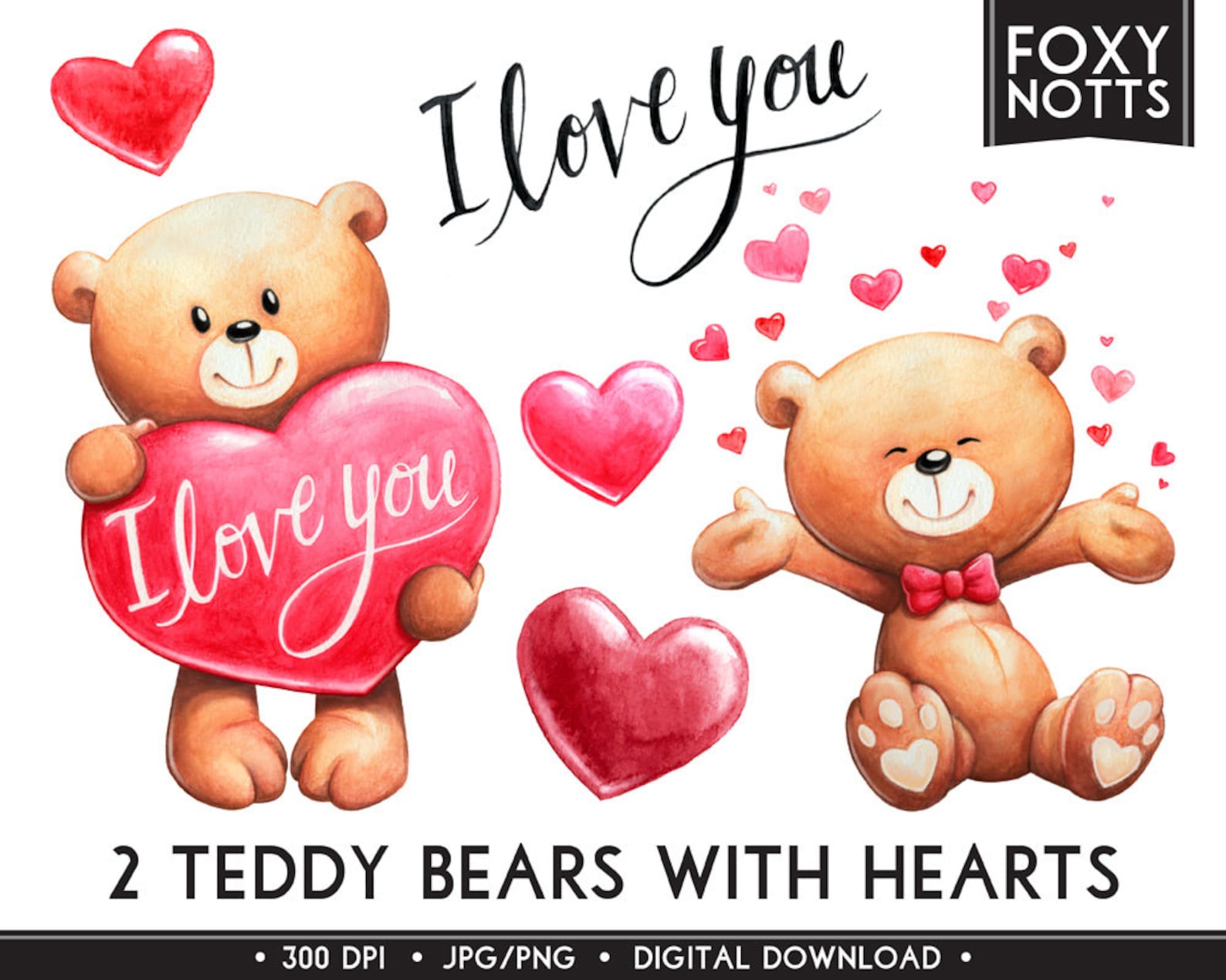 Teddy Bear Clip Art With Hearts and 'I Love You': Watercolor, Digital ...