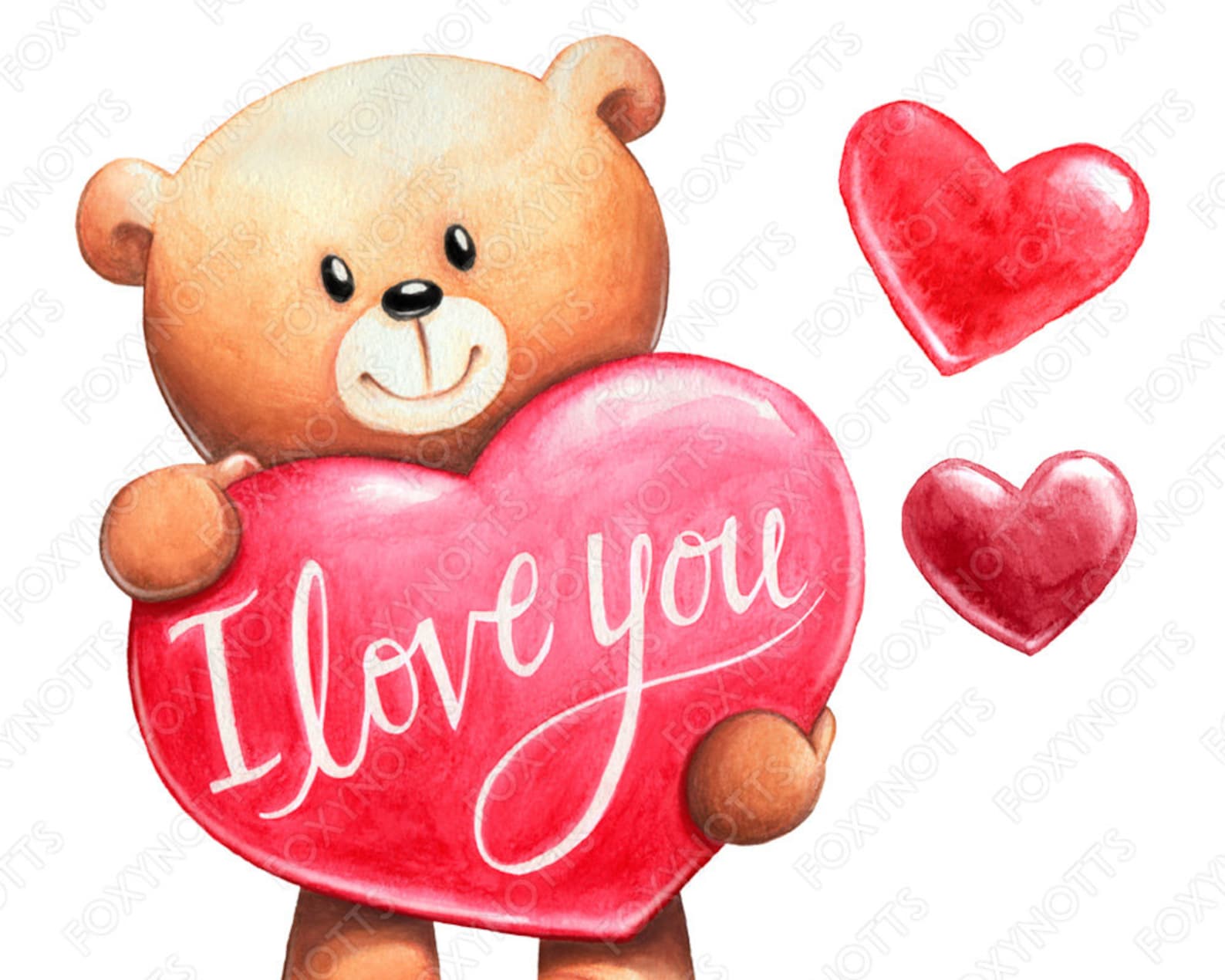 Teddy Bear Clip Art With Hearts and 'I Love You': Watercolor, Digital ...