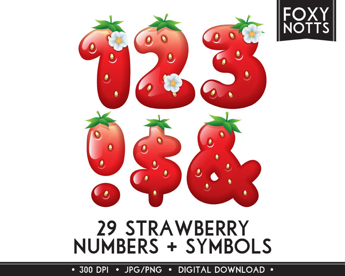 Strawberry Numbers & Symbols Clip Art: Digital Download, Font, Fruit ...
