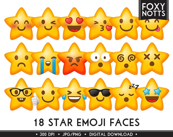 Star Emoji Smiley Faces Clip Art: Digital Download, Clipart, Emoticons ...
