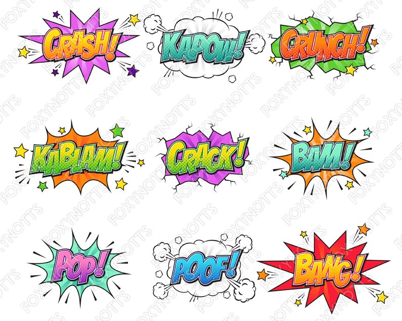 Superhero Comic Book Words Clip Art Text Bubbles Digital - Etsy