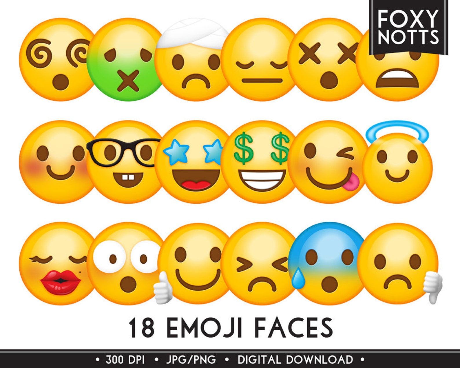 Emoji Clip Art Smiley Faces: Digital Download, High Resolution, Clipart ...