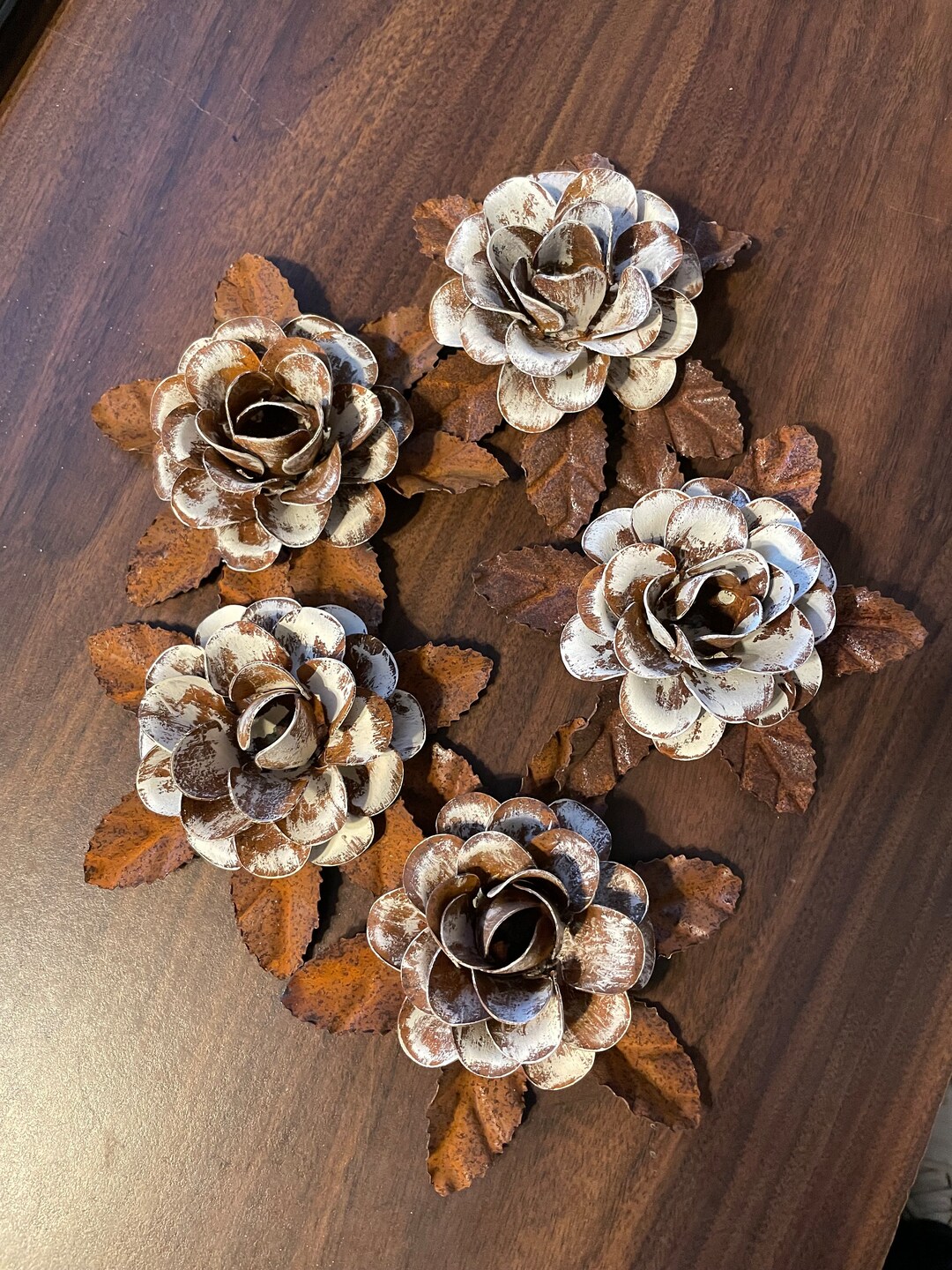 5.5" Painted Rustic Metal Rose, Hand Cut, Rusty Metal Rose W/ Leaves ...