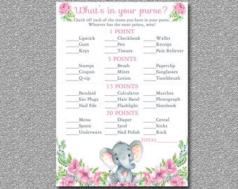 Pink Elephant Baby Shower Game Whats in Your Purse Game Girl - Etsy