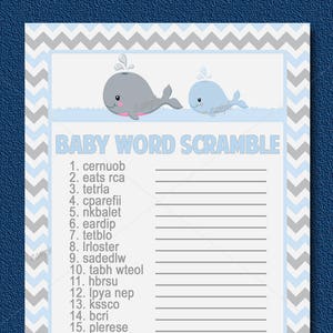 Whale Baby Shower Game, Word Scramble Game, Printable Nautical Baby ...