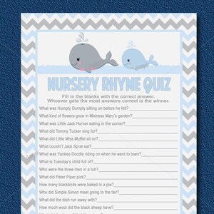Whale Baby Shower Game, Nursery Rhyme Quiz Game, Printable, Chevron ...