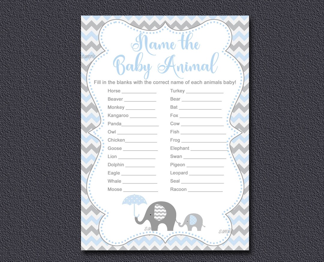 Elephant Baby Shower Game, Name the Baby Animals Game Printable, Boy ...
