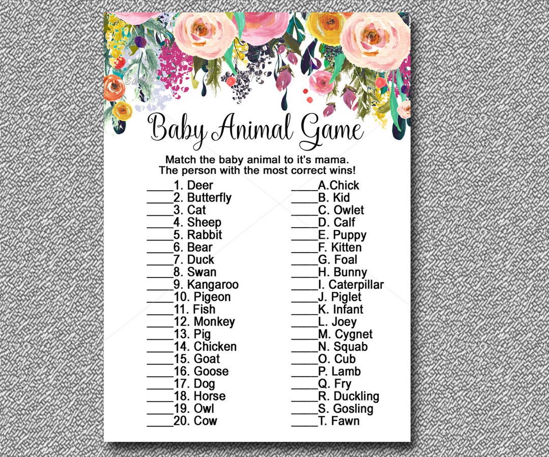 Floral Baby Shower Game, Baby Animals Game, Flower Baby Shower Game ...