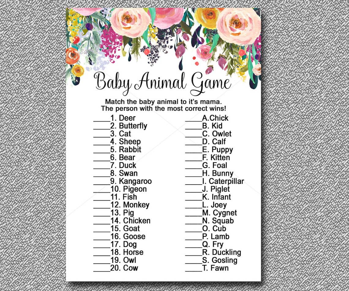 Floral Baby Shower Game Baby Animals Game Flower Baby Shower | Etsy