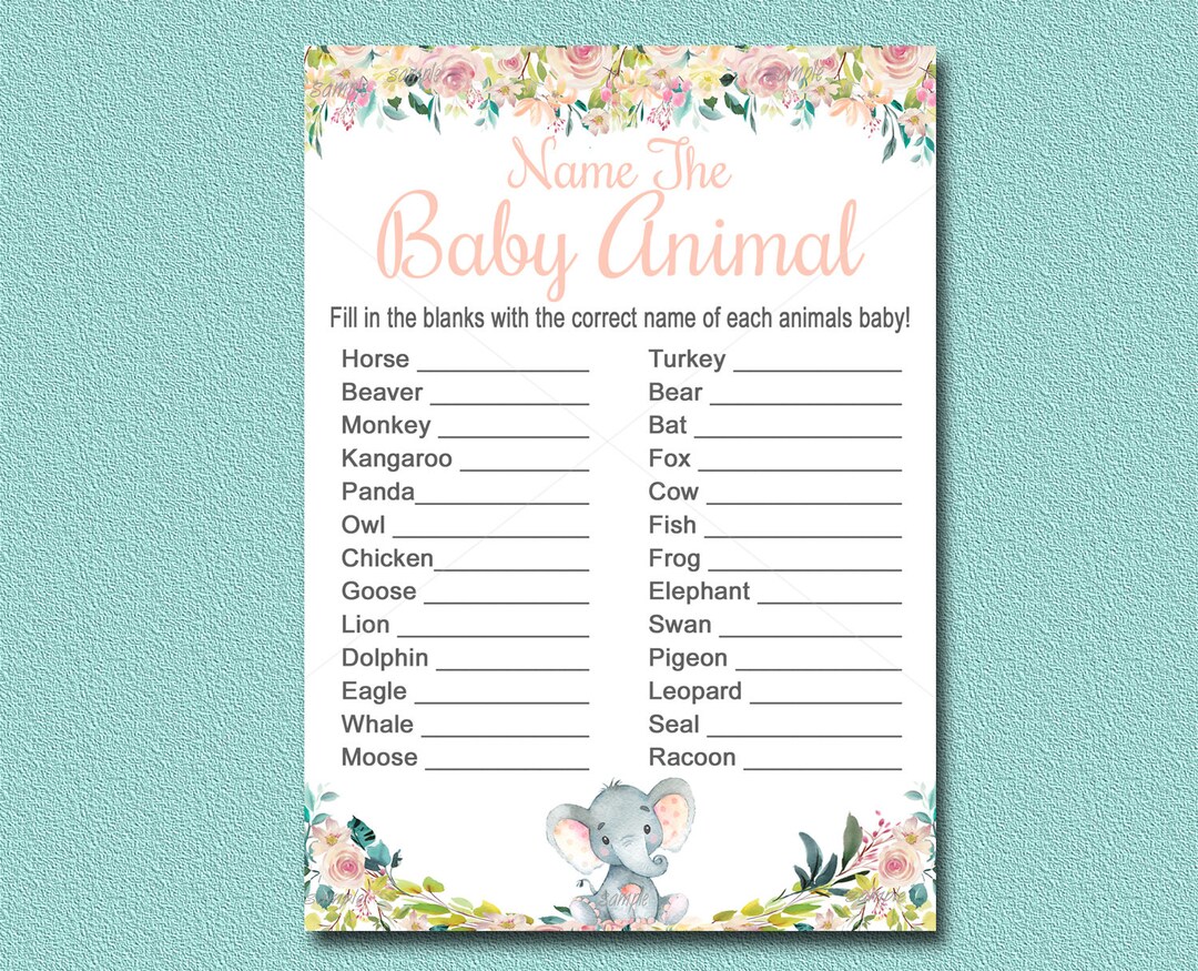 Elephant Baby Shower Game, Name the Baby Animals Game Printable, Peach ...