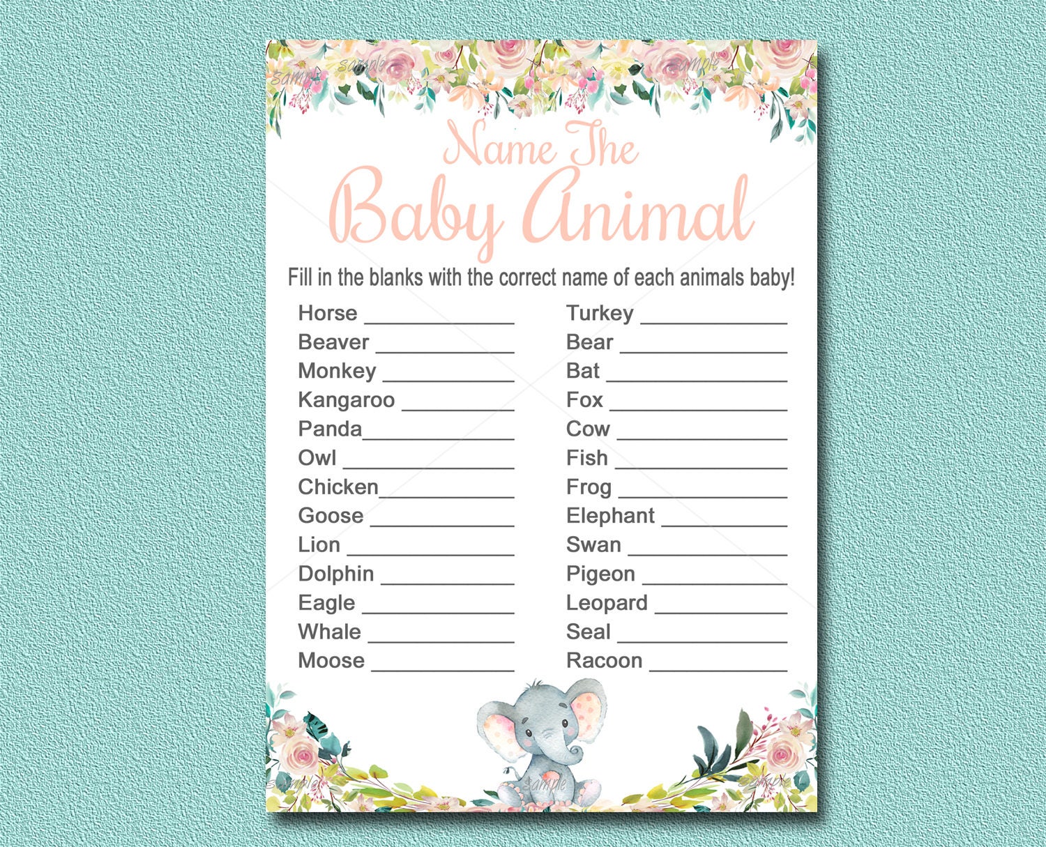 Elephant Baby Shower Game, Name the Baby Animals Game Printable, Peach ...