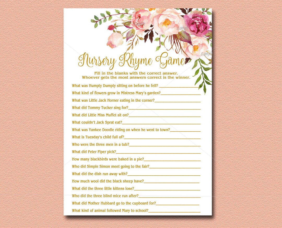 Nursery Rhyme Game Floral Baby Shower Game Printable Peach - Etsy