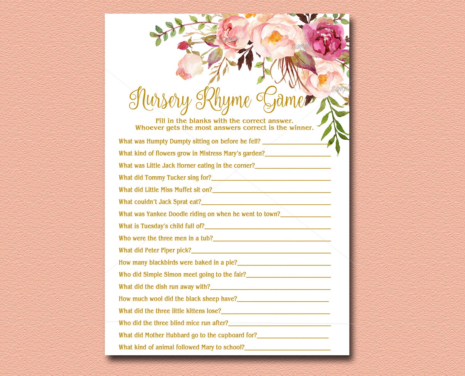Nursery Rhyme Game Floral Baby Shower game Printable Peach | Etsy