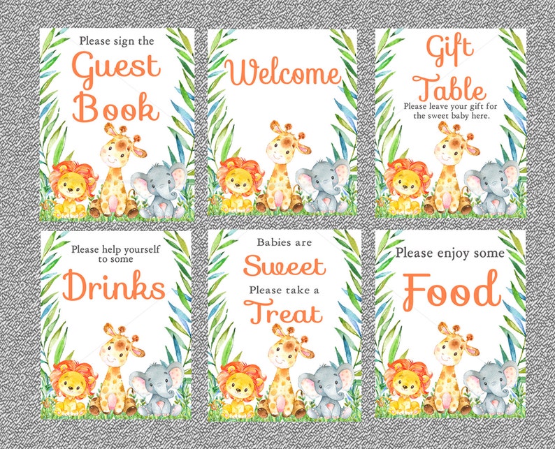 Jungle Baby Shower Table Signs Set of 6 Printable Safari Baby | Etsy