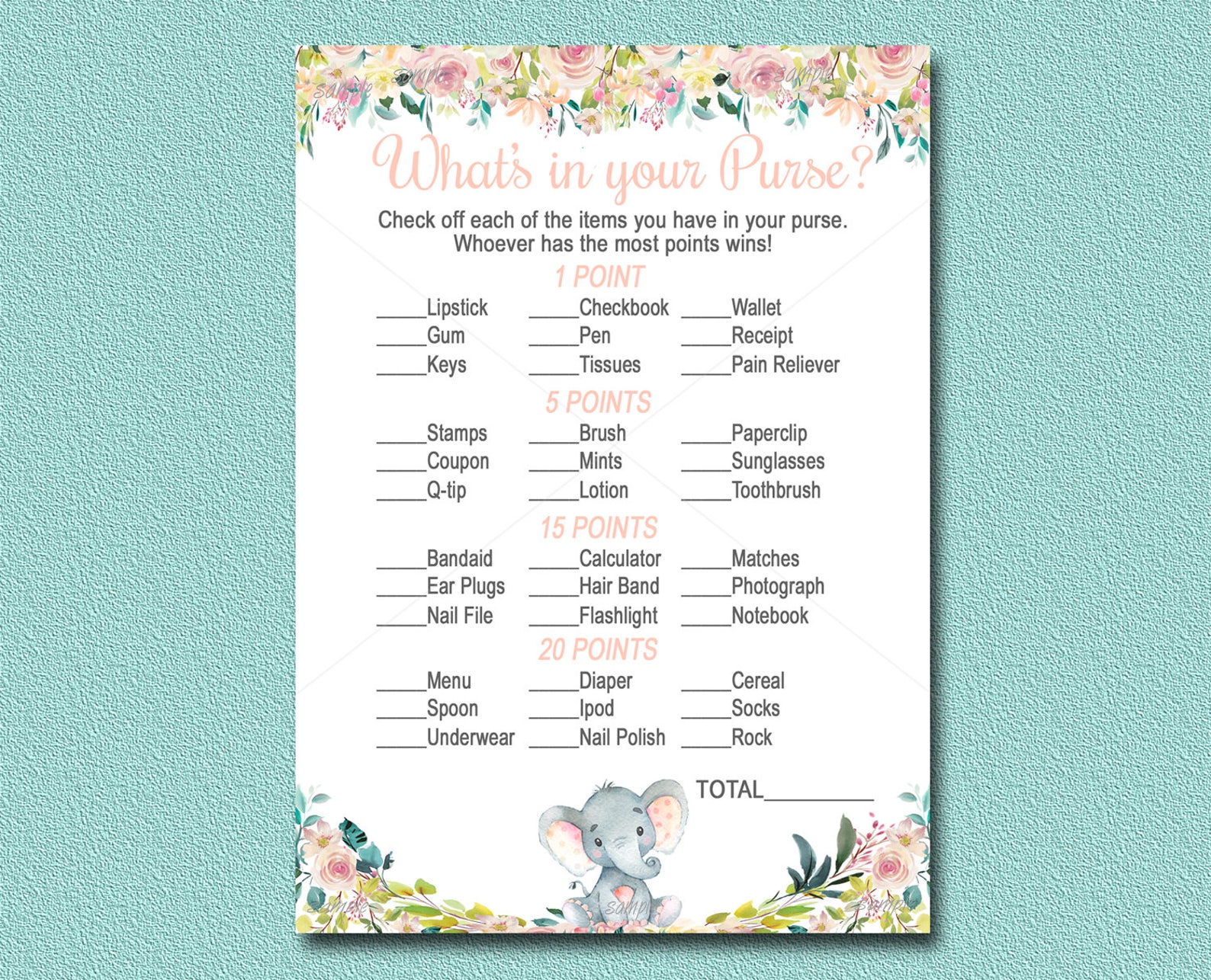 Elephant Baby Shower Game Whats in Your Purse Game Printable - Etsy