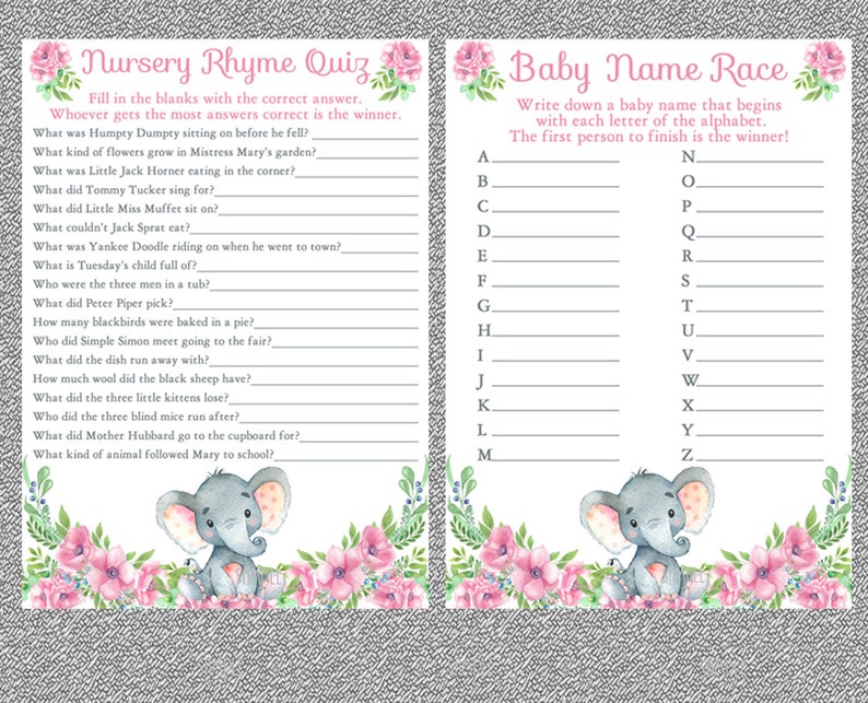 Pink Elephant Baby Shower GAMES Set of 8 Printable Games | Etsy