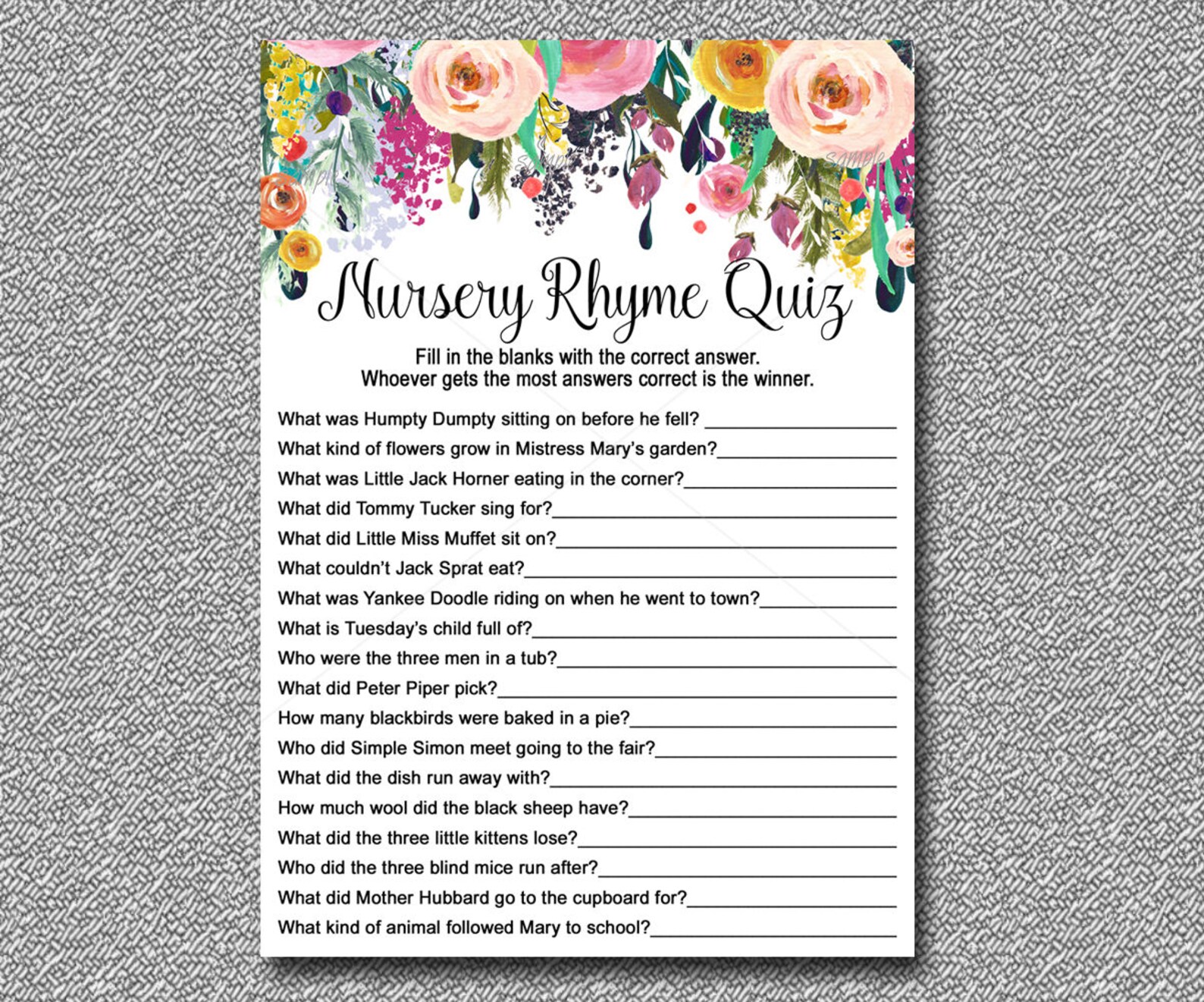 Floral Baby Shower Game Nursery Rhyme Quiz Game Printable - Etsy