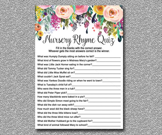 Floral Baby Shower Game Nursery Rhyme Quiz Game Printable | Etsy