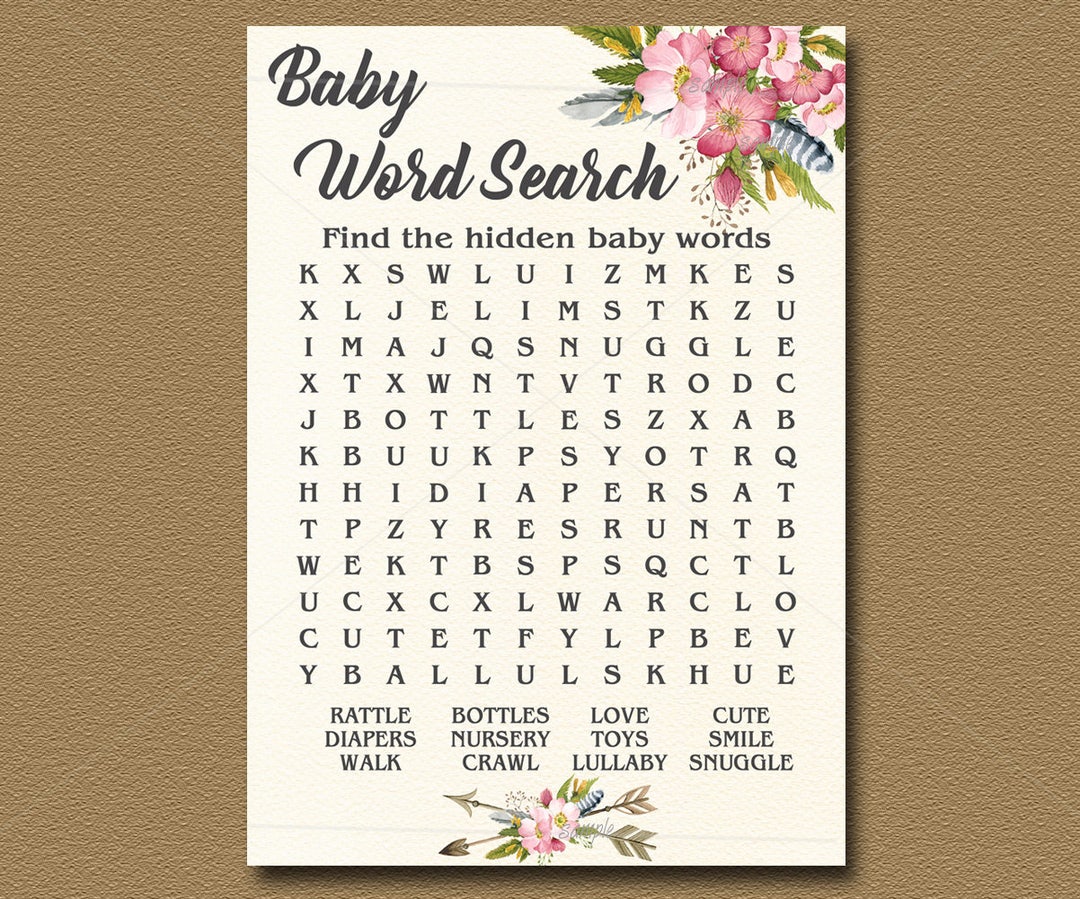 Tribal Floral Baby Shower Game, Word Search Game, Printable, Boho Pink ...