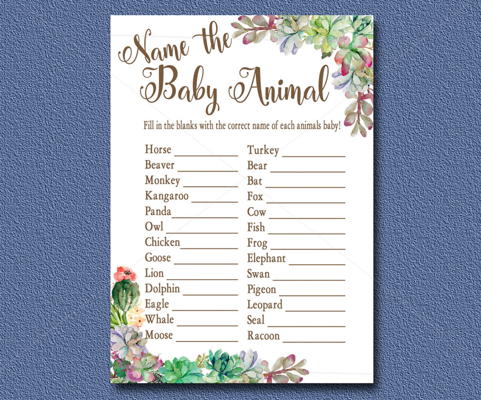 Succulent Baby Shower Game Name the Baby Animals Game - Etsy