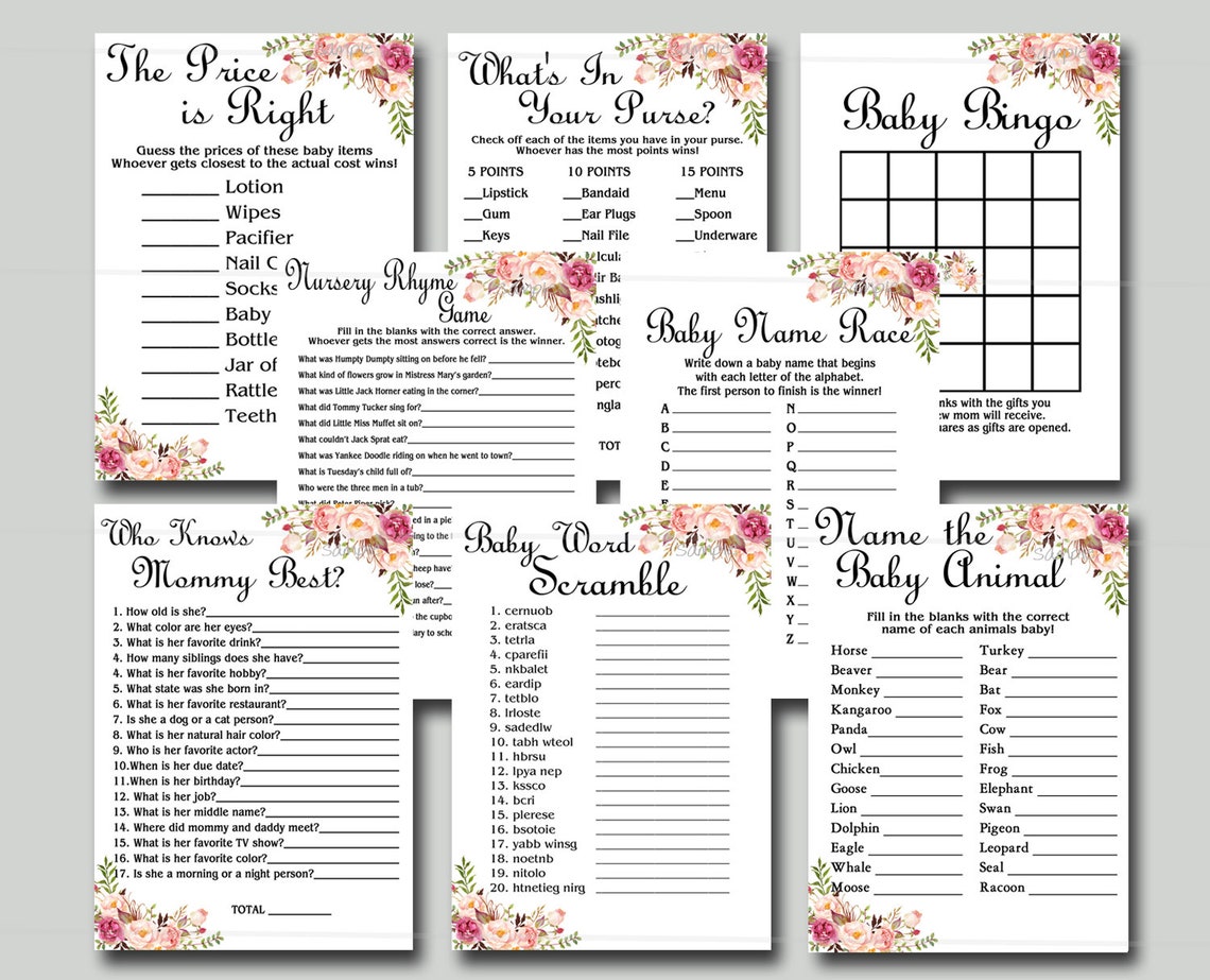 Floral Baby Shower Games Package 8 Games Pack Bohemian Pink | Etsy