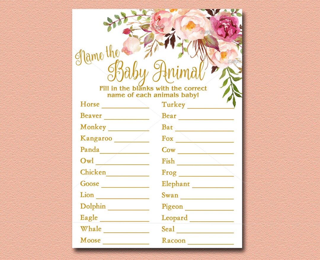 Gold Boho Floral Baby Shower Name the Baby Animals Game Peach Pink Gold ...