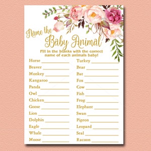 Gold Boho Floral Baby Shower Name the Baby Animals Game Peach Pink Gold ...