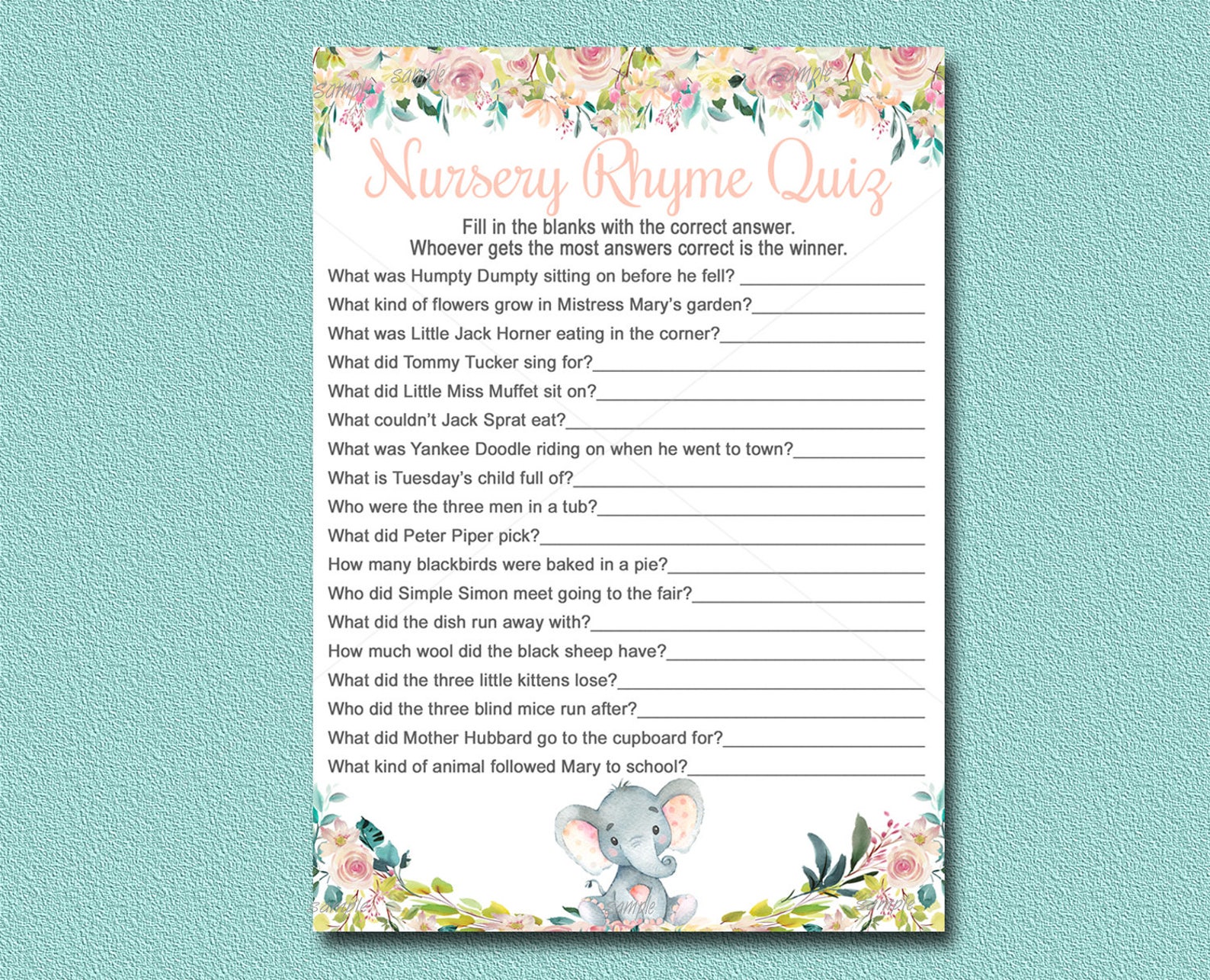 Elephant Baby Shower Game Nursery Rhyme Quiz Game Printable - Etsy