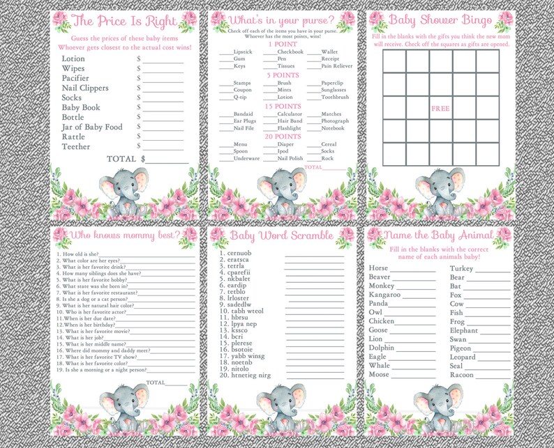 Pink Elephant Baby Shower GAMES Set of 8 Printable Games | Etsy