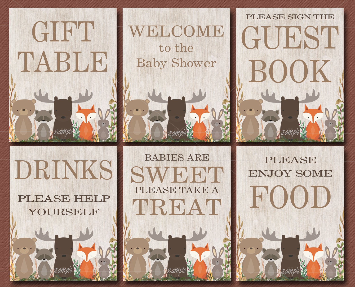 Woodland Baby Shower Table Signs Set of 6 Printable Animals | Etsy
