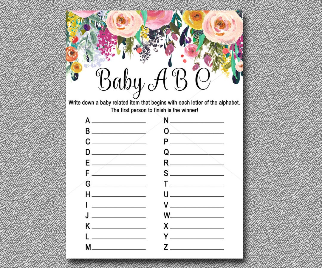 Floral Baby Shower Game, ABC Game Printable, Floral Baby Shower Game ...