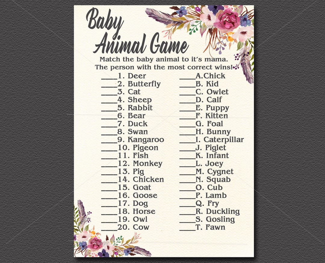 Boho Baby Shower Baby Animals Game, Printable, Tribal Bohemian Feathers ...
