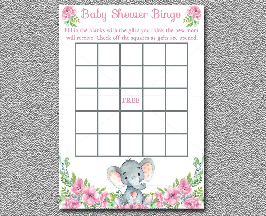 Pink Elephant Baby Shower Bingo Game, Printable Bingo Card, Girl Baby ...