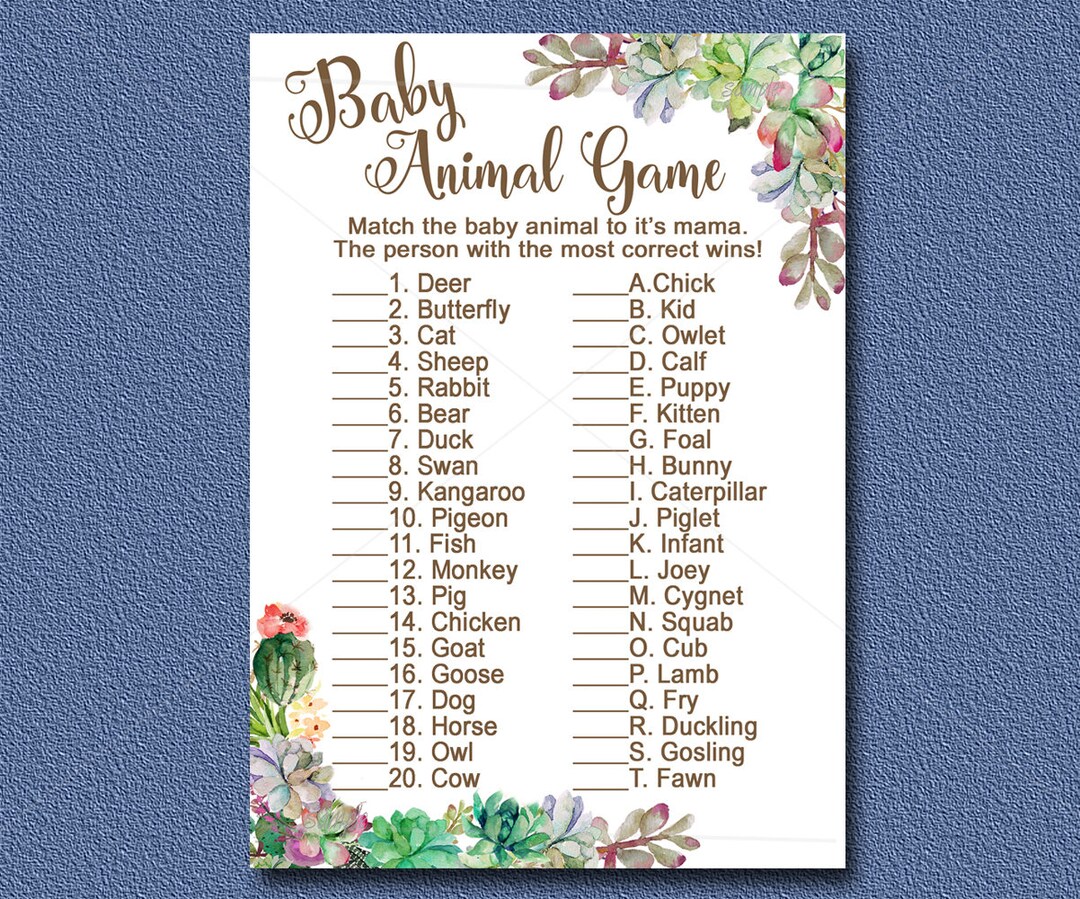 Succulent Baby Shower Game, Match the Baby Animal Name Game, Printable ...