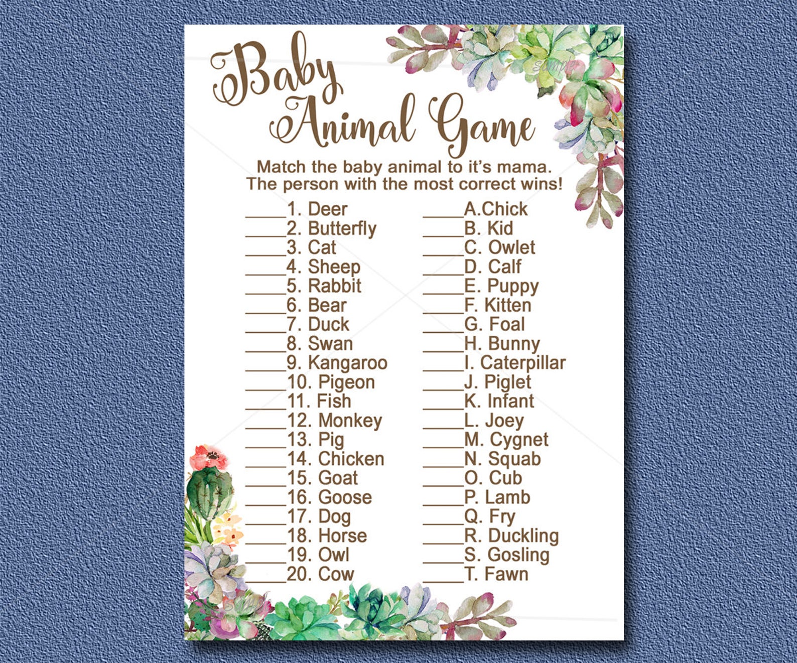 Succulent Baby Shower Game Match the Baby Animal Name Game - Etsy